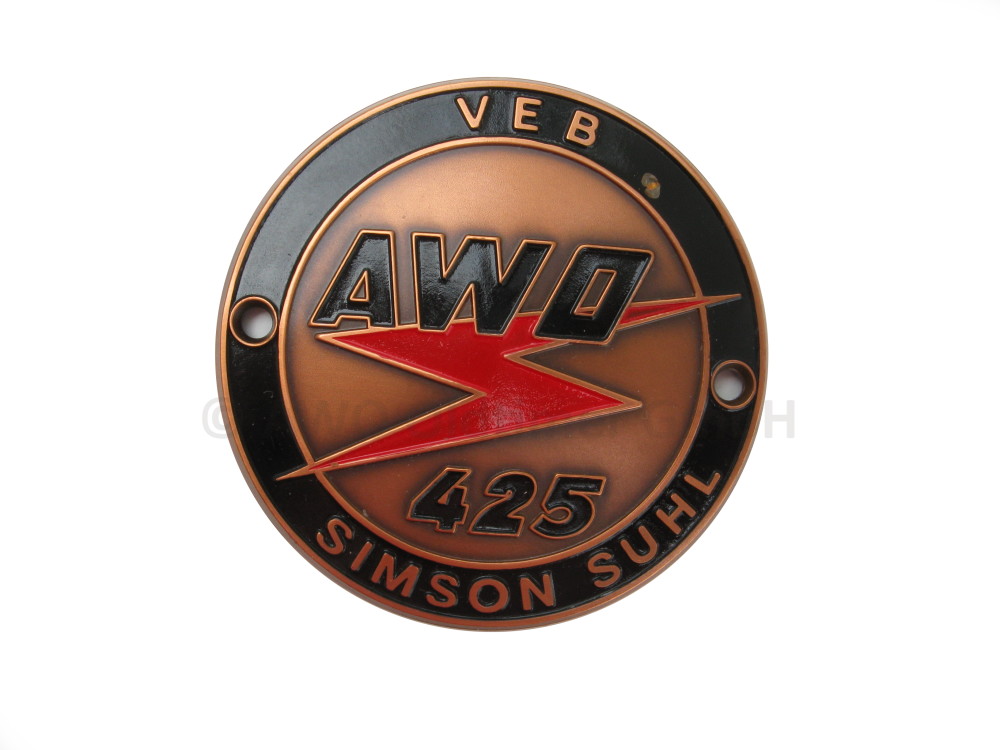 Plakette / Emblem Tank "VEB AWO 425 SIMSON SUHL" (koloriert) rot/kupf